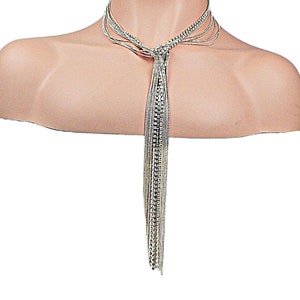 Multi Strand Chains Extra Long Tassel Necklace, 12 Strand Silver Tone ...