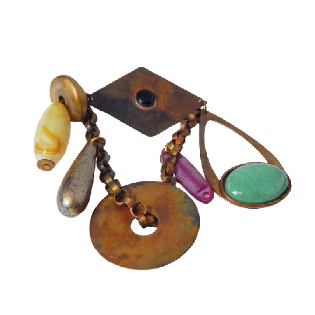 Kate Hines Gemstone Large Dangle Brooch W Black Onyx and Green ...