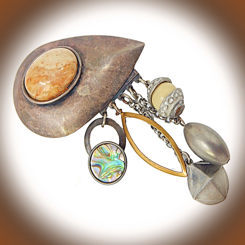Vintage Kate Hines Brooch: Aged Copper Dangle Charms With Abalone ...