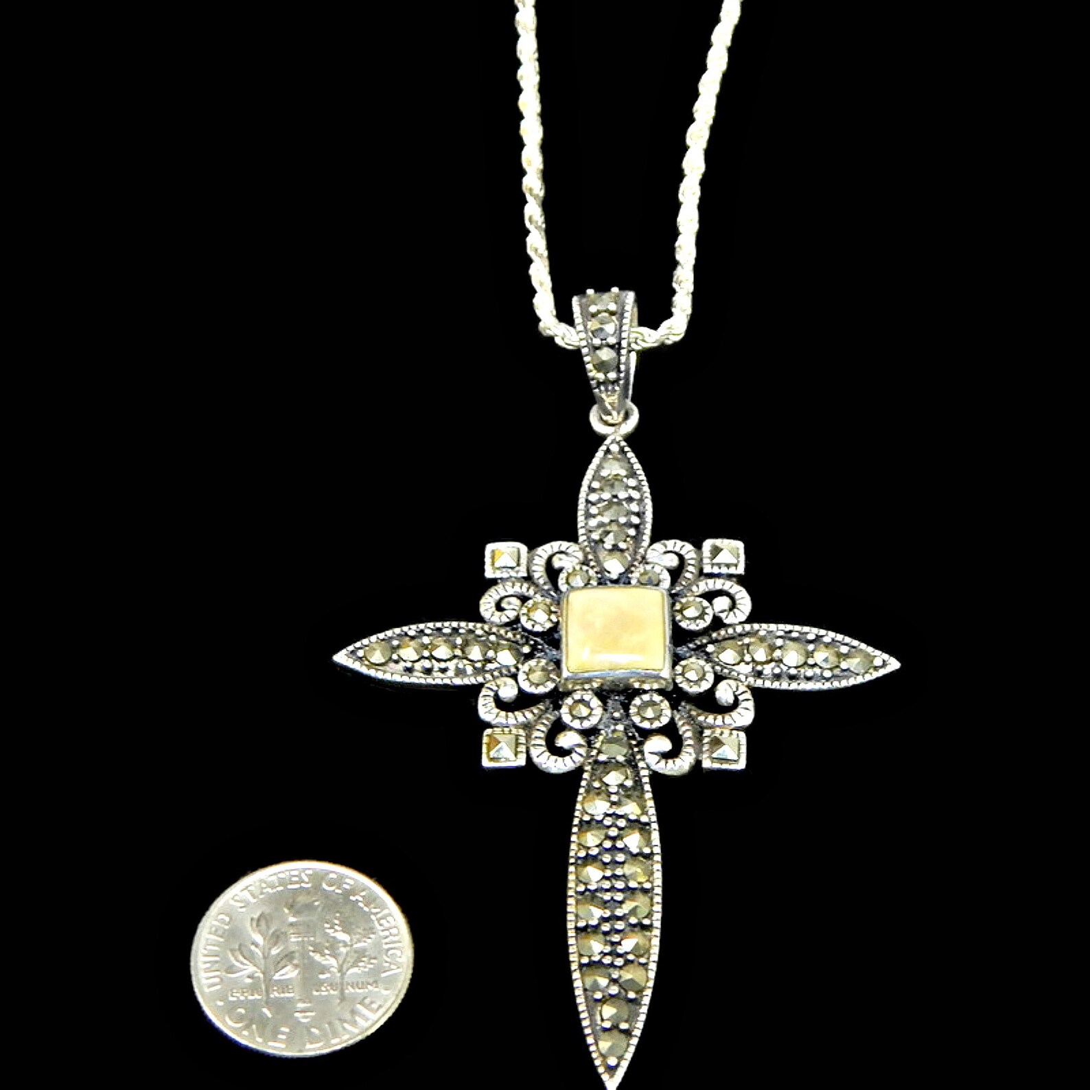 Large Sterling Silver Marcasite Statement Cross Pendant 2.5 In. on 925 ...