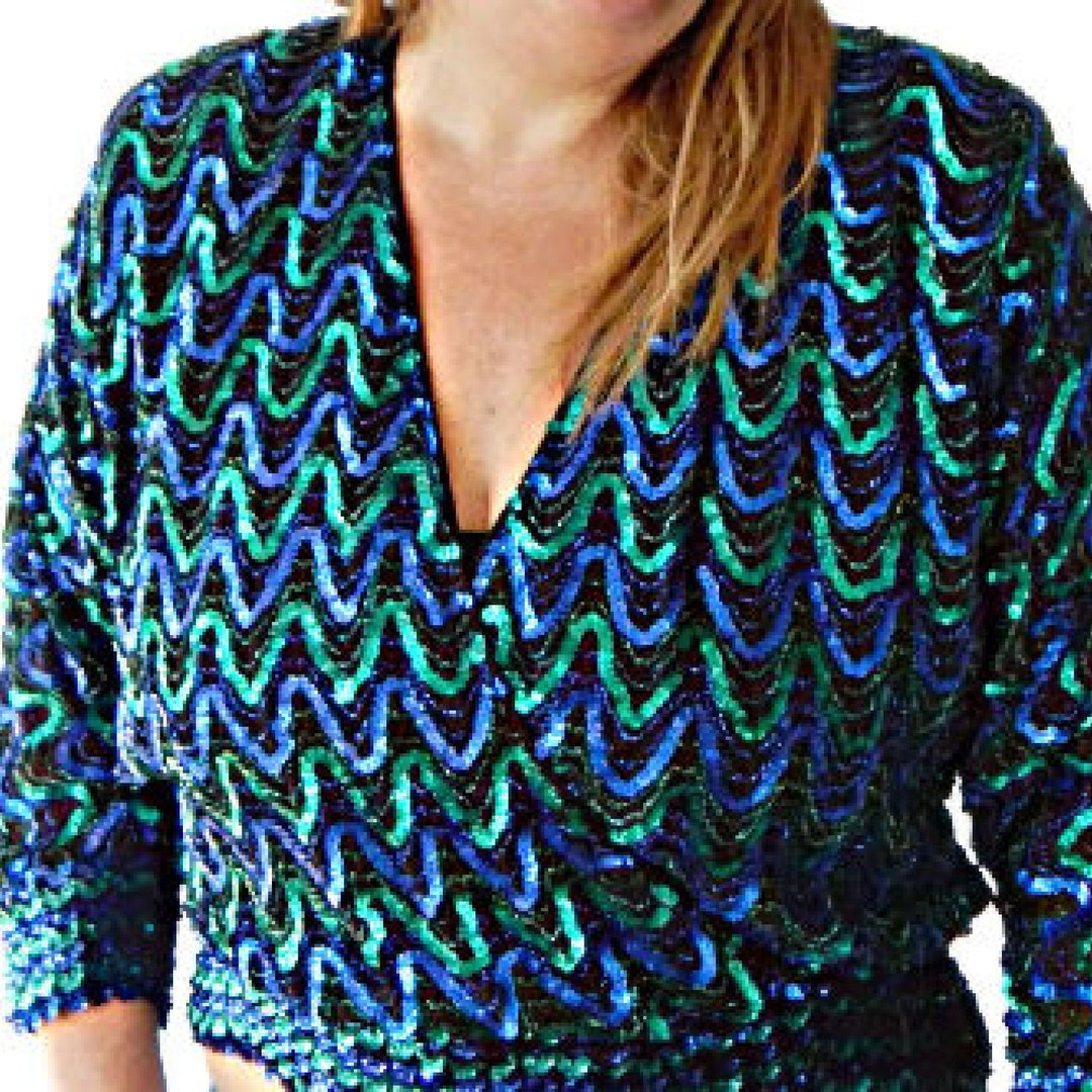 Sequin Cropped Slouch Top With Batwing Sleeves and Shoulder Pads, Blue ...