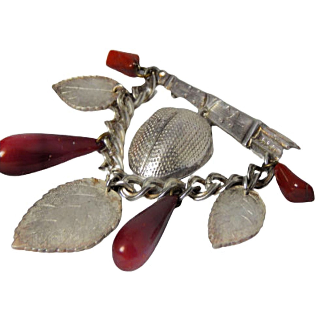 Kate Hines Dangle Brooch Red Jasper W Silver Tone Beetle and Leaves ...