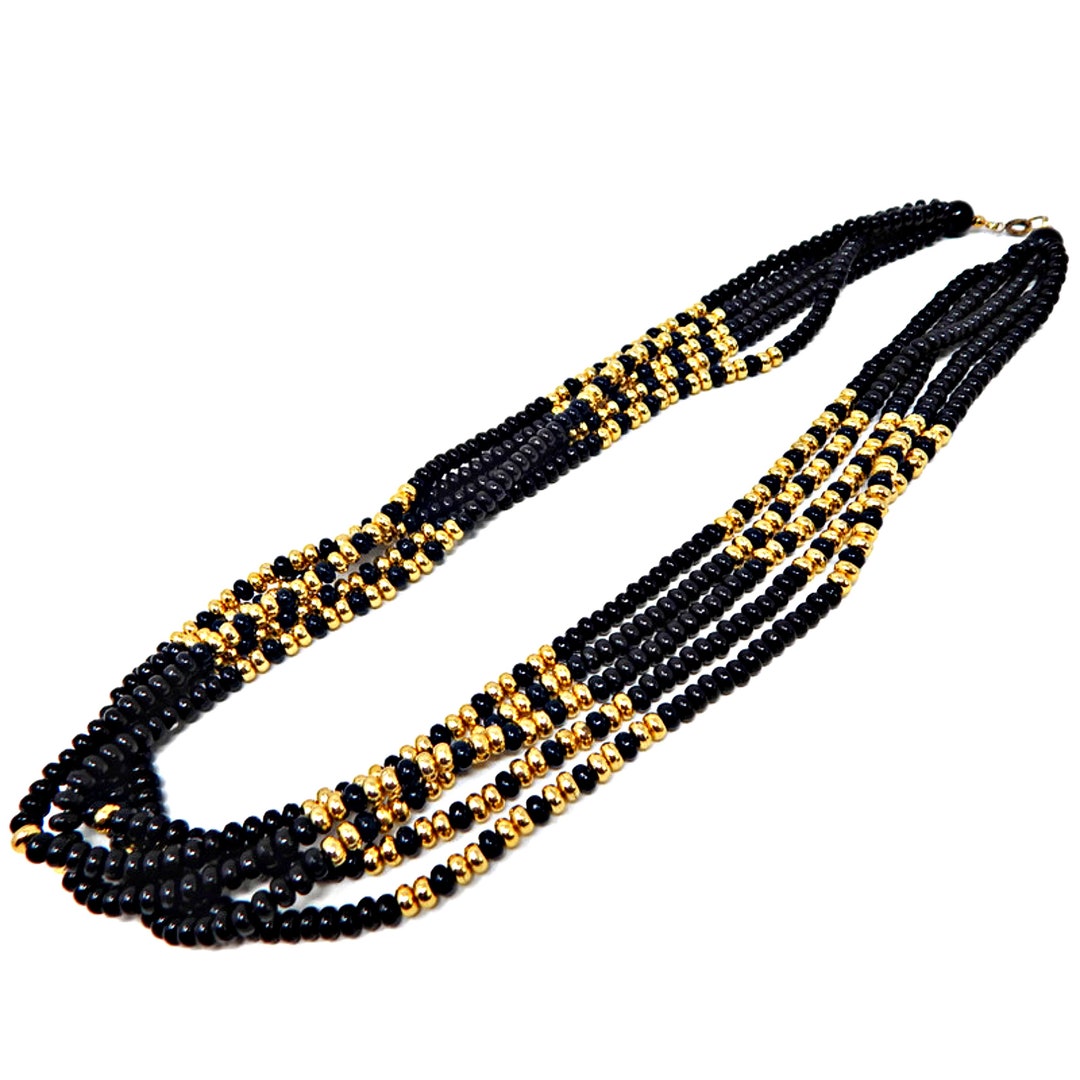 Multi Strand Black and Gold Beaded Necklace 5 Strands, Vintage Jewelry ...