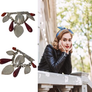 Kate Hines Dangle Brooch Red Jasper W Silver Tone Beetle and Leaves ...