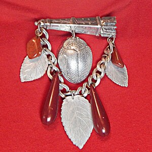 Kate Hines Dangle Brooch Red Jasper W Silver Tone Beetle and Leaves ...