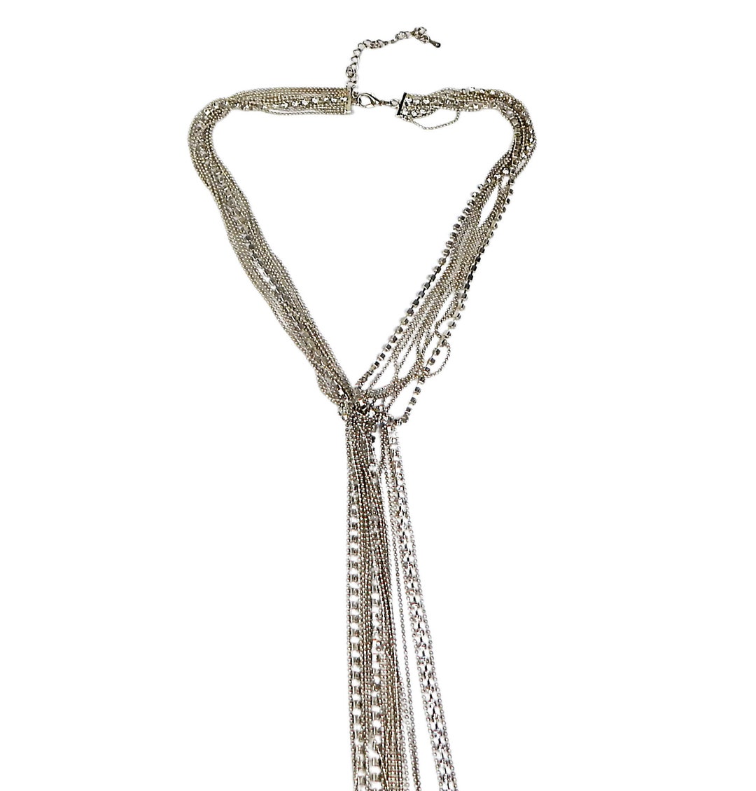 Multi Strand Chains Extra Long Tassel Necklace, 12 Strand Silver Tone ...
