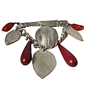 Kate Hines Dangle Brooch Red Jasper W Silver Tone Beetle and Leaves ...