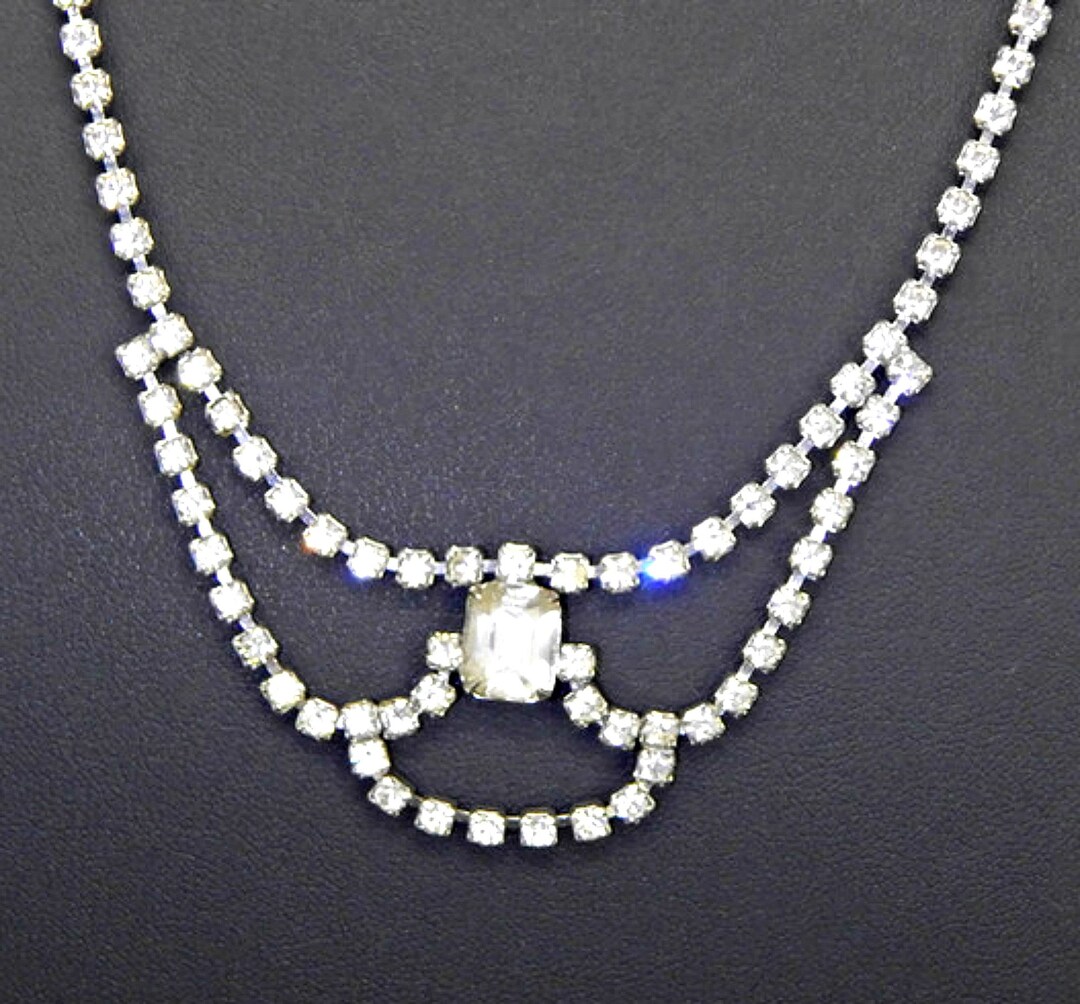 Crystal Rhinestone Swag Choker Necklace Emerald Cut Center Stone ...