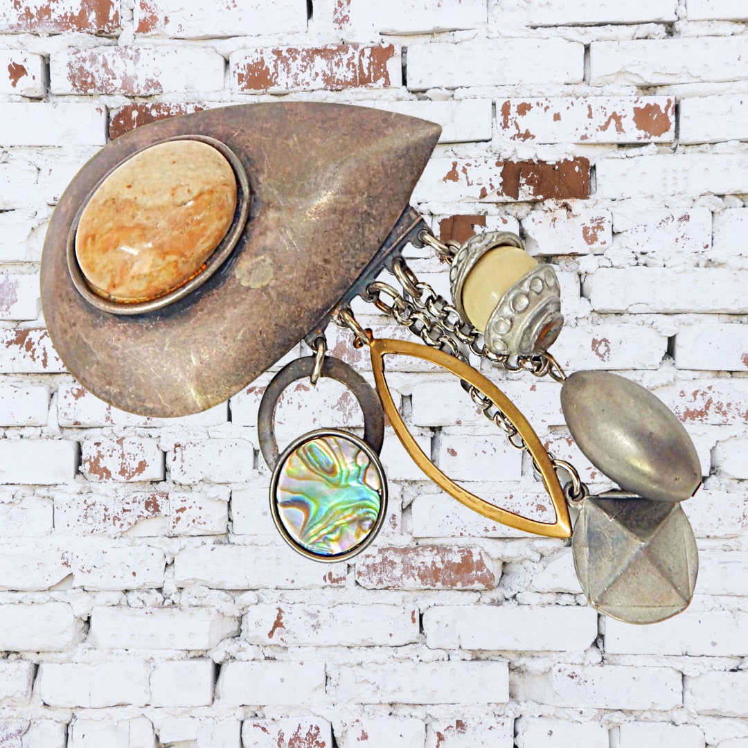 Vintage Kate Hines Brooch: Aged Copper Dangle Charms With Abalone ...