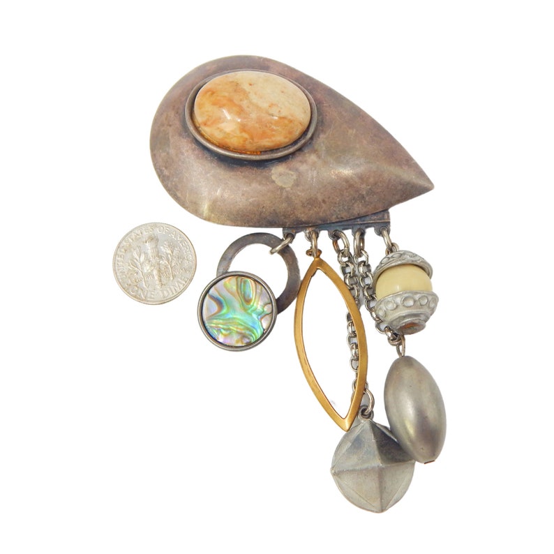Vintage Kate Hines Brooch: Aged Copper Dangle Charms With Abalone ...
