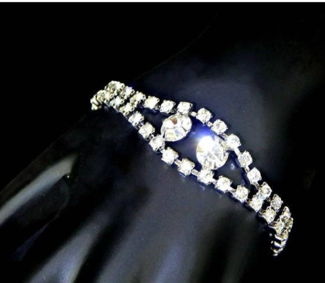 Rhinestone Bracelet With Split Double Row and a Large Center - Etsy