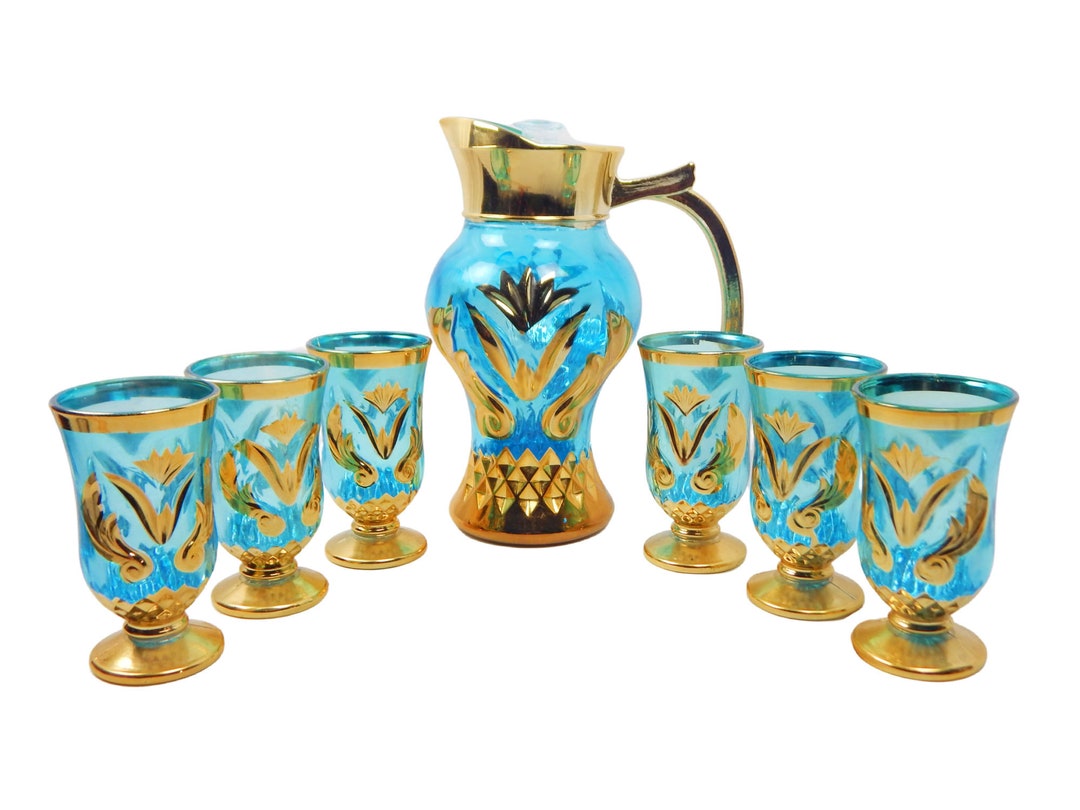 Brilliant Blue Glass Pitcher Carafe Set With 6 Pedestal Glasses Heavy ...