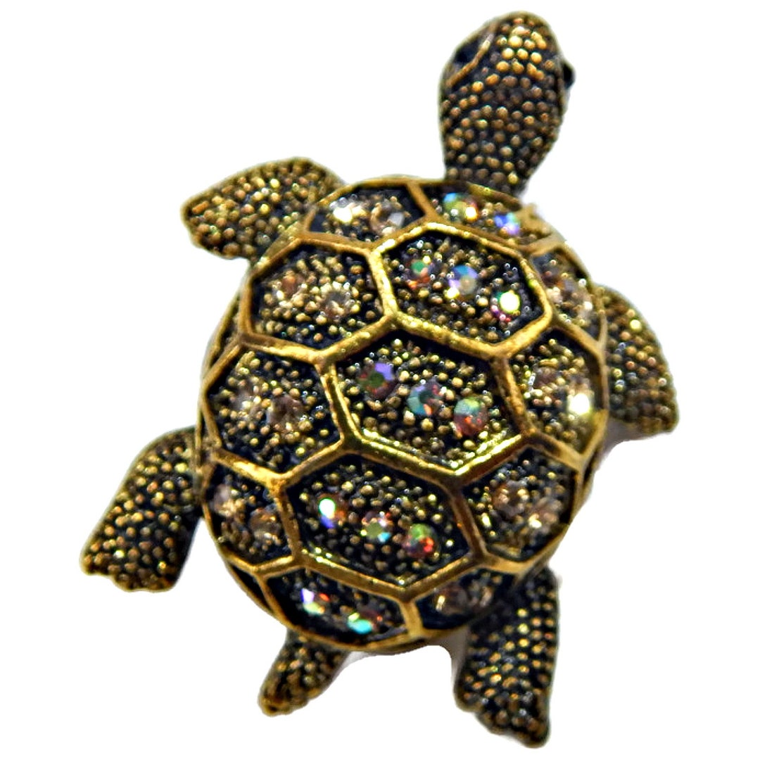 Rhinestone Turtle Dimensional Brooch Pin Pendant in Antiqued Gold Tone ...
