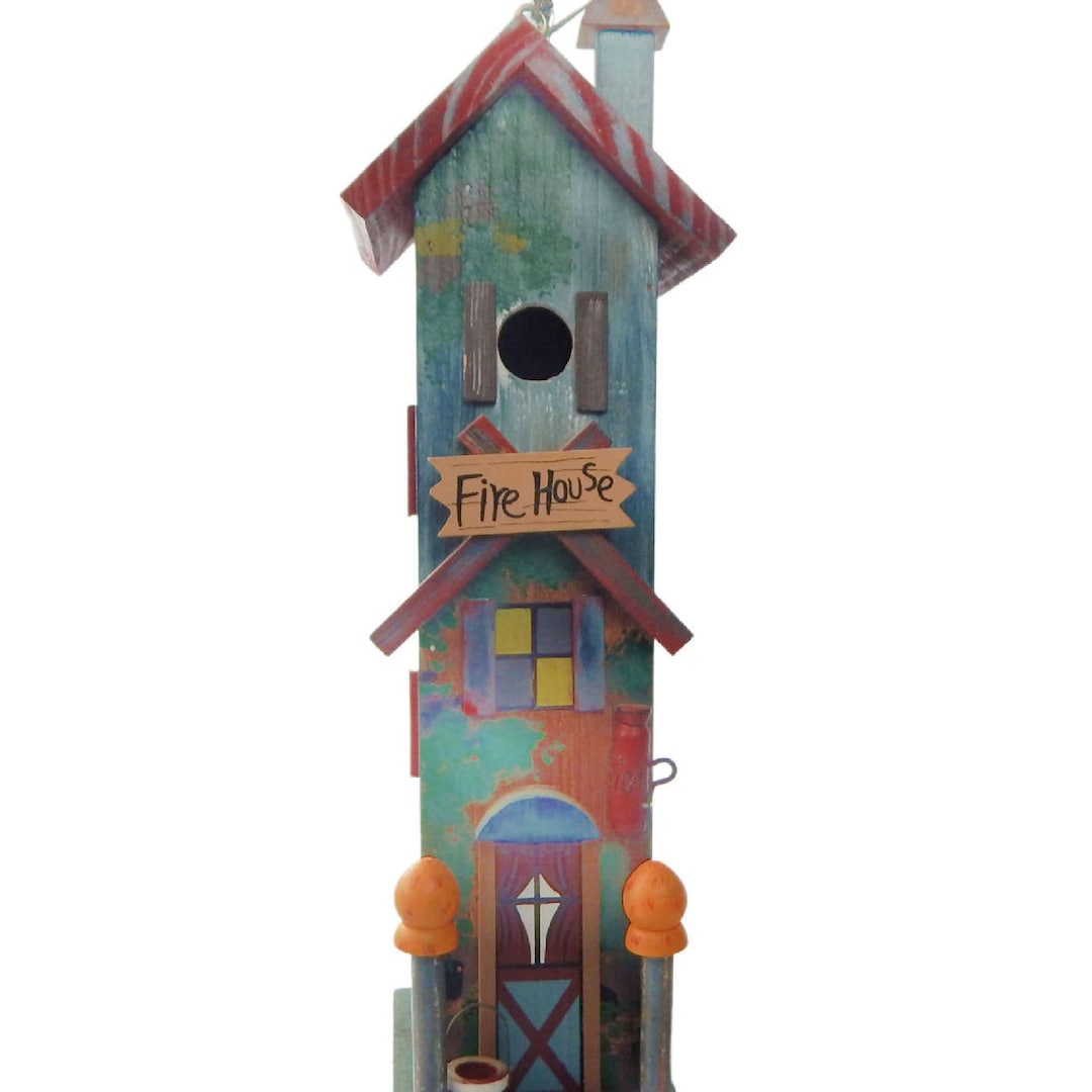Tall Wooden Birdhouse Fireman Firehouse Primitive Handcrafted Folk Art ...