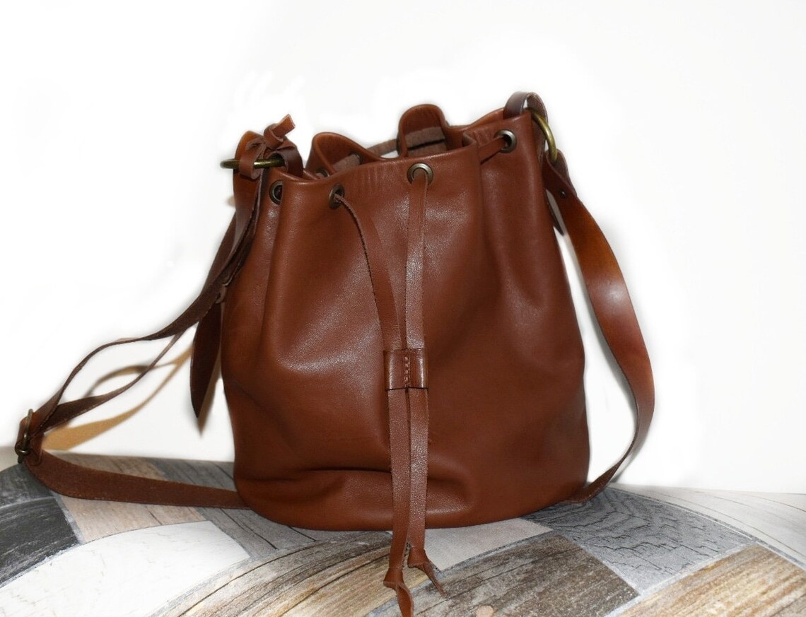 Handmade Cognac Leather Bucket Bag - Etsy