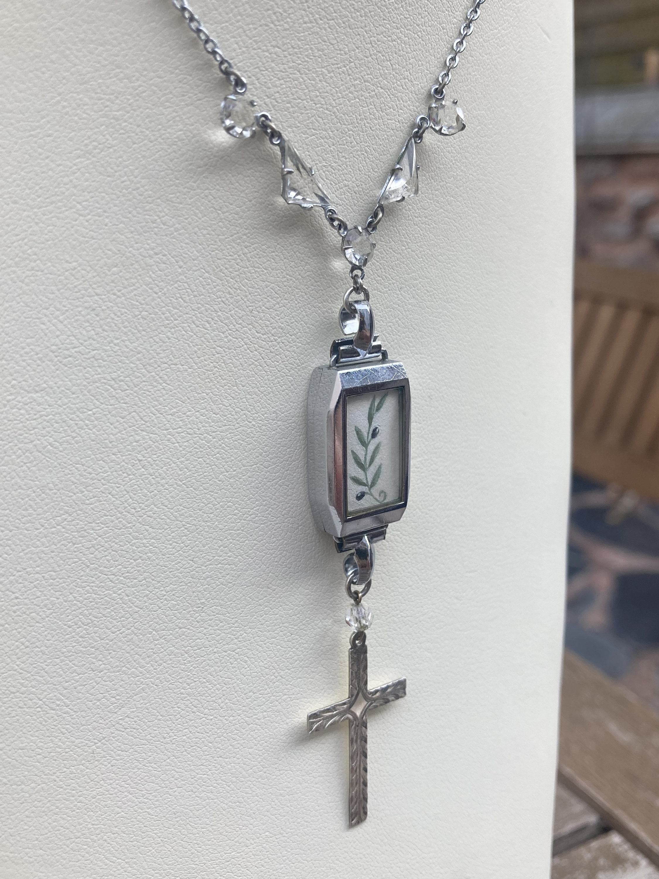Art Deco Vintage Watch Bezel Pendant Necklace With Olive Branch ...