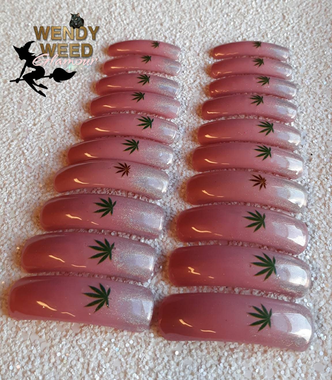 Set of 20 Long Press on Nails Weed Themed in Color Sugar Black Rose ...