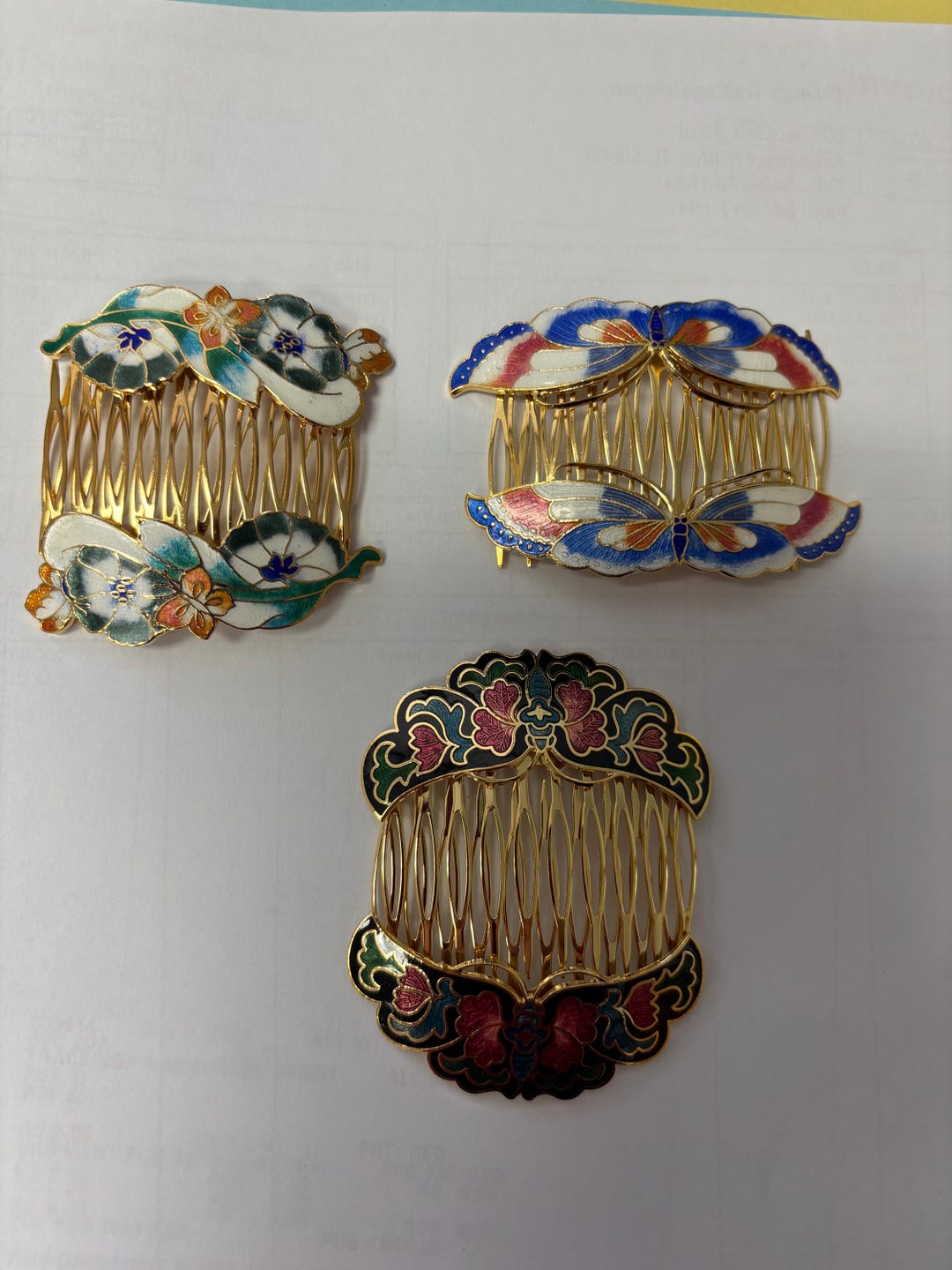 Beautiful Cloisonné Hair Combs With Black/red Flowers, Butterfly and ...