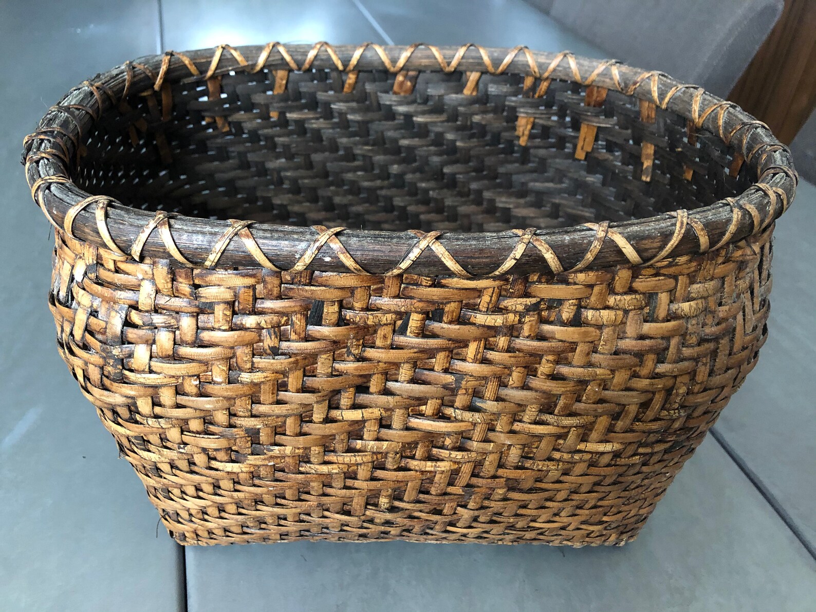 VINTAGE Hand Woven Flat Reed Basket - Etsy
