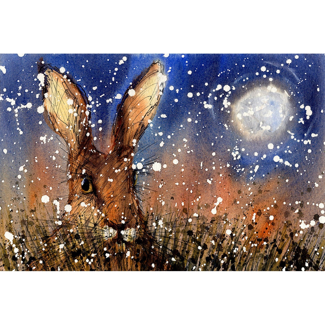 Bunny Hare Rabbit Print Christmas Watercolour Painting Art, Signed ...