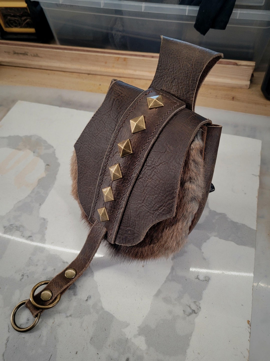 Unisex Bronze Diamond Stud Leather Pouch | Belt Bag | Hip Bag | Carrier Bag | Tote | Medieval ...