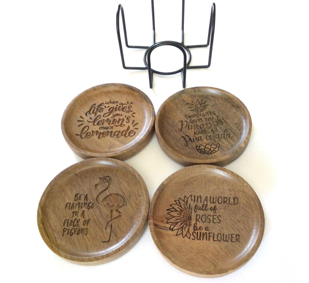 Wood Coasters With Fun Quirky Quotes Set of 4 With Holder - Etsy