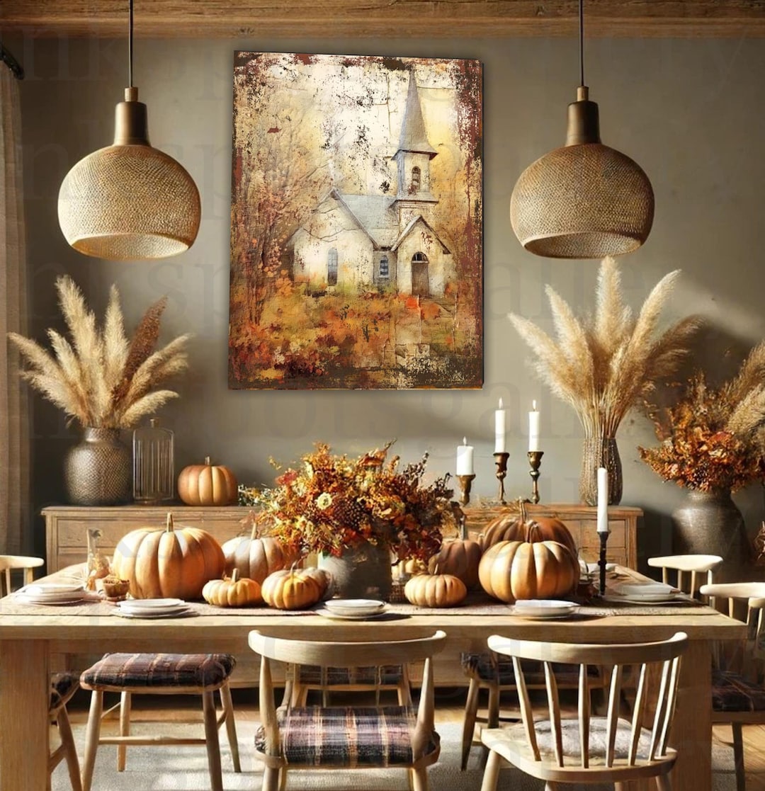 Old Country Church in Autumn Large Canvas Sign, Vintage Style Chapel ...