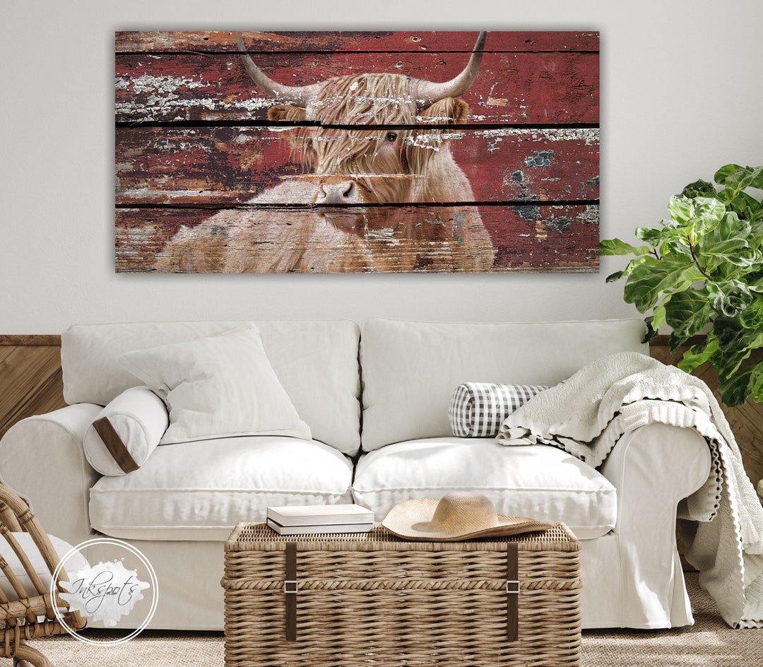 Cow Sign, Highland Cow Farmhouse Decor, Cow Canvas Wall Art, Rustic ...