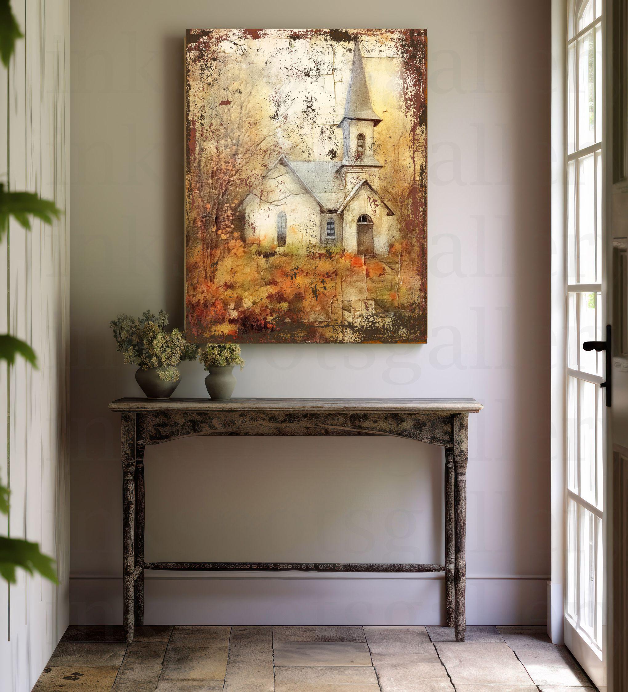 Old Country Church in Autumn Large Canvas Sign, Vintage Style Chapel ...