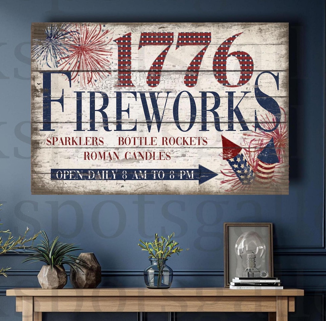 4th of July Sign 1776 Patriotic Décor Vintage Style Americana Fireworks ...