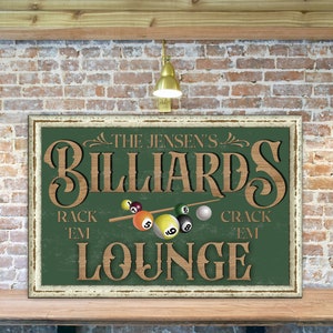 Billiards Sign, Personalized Lounge Pool Hall Game Room Canvas Sign ...