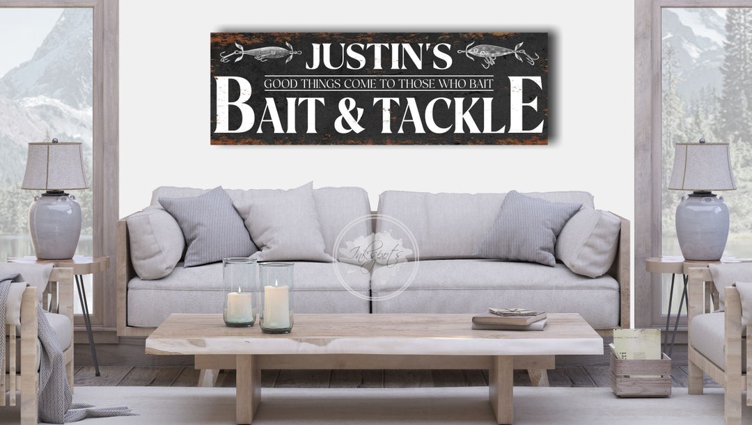 Rustic Fishing Sign, Vintage Bait and Tackle Personalized Lake House ...