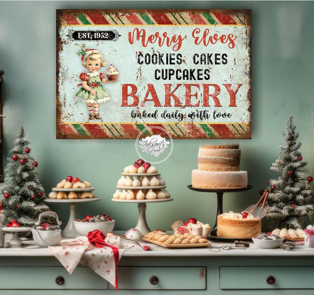 Retro Christmas Bakery Wall Art, Vintage Christmas Sign, Elf Sign Sweet ...