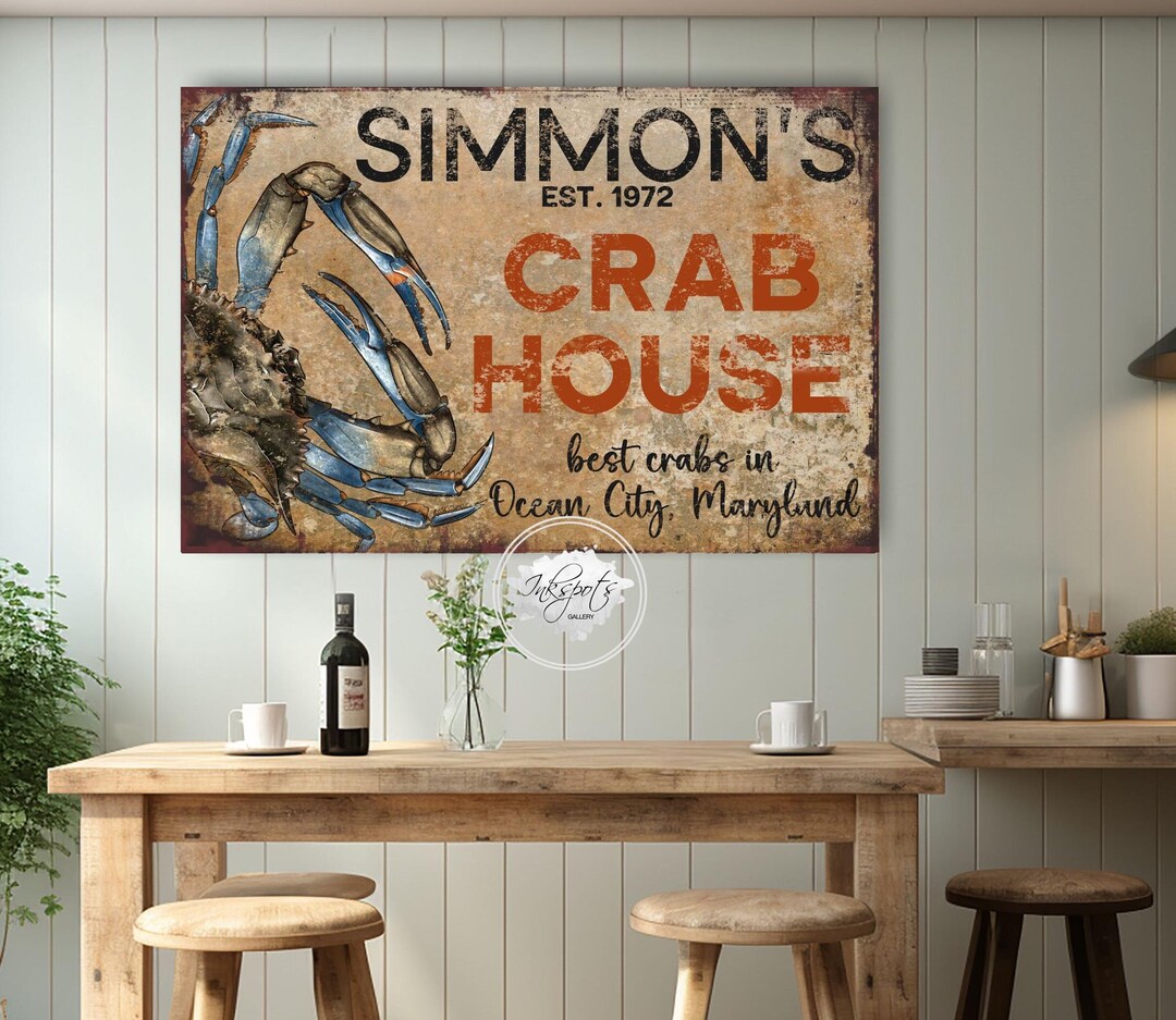 Custom Beach House Sign Crab Decor Coastal Cottage Wall Art Nautical ...