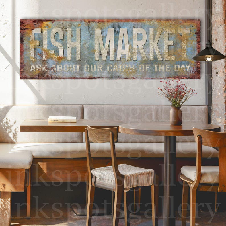 Fish Market Sign: Seafood Restaurant Decor Fresh Fish Wall Art Gift for ...