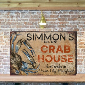 Custom Beach House Sign Crab Decor Coastal Cottage Wall Art Nautical ...