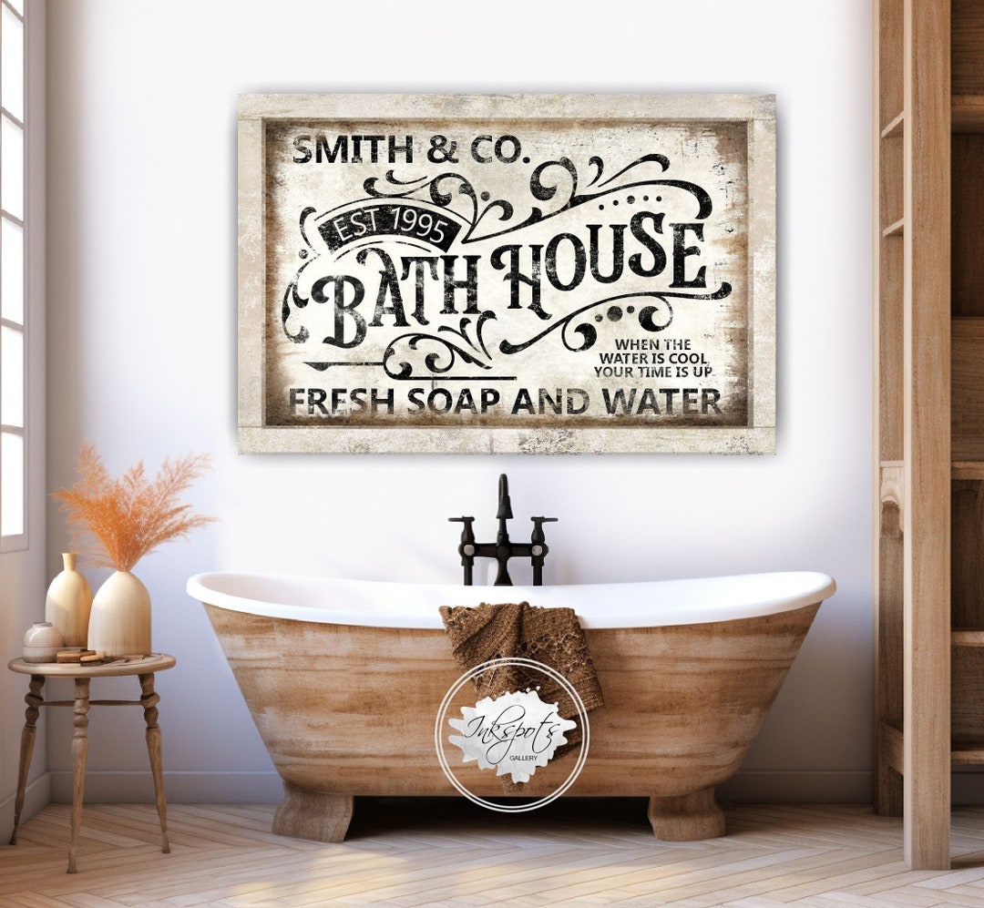 Modern Farmhouse Bath House Sign, Personalized Rustic Bathroom Decor ...