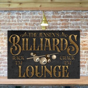 Billiards Sign, Personalized Lounge Pool Hall Game Room Canvas Sign ...