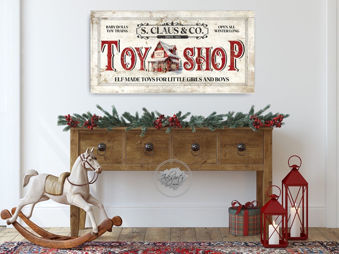 Santa Claus Christmas Toy Shop Sign, Modern Farmhouse Christmas Decor, Vintage Santa Sign ...