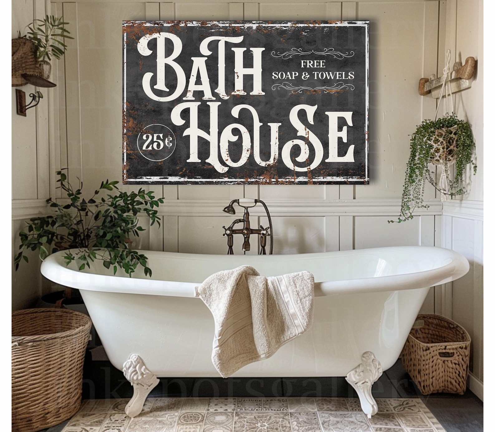 Vintage Bath House Canvas Sign: Rustic Farmhouse Bathroom Art - Etsy