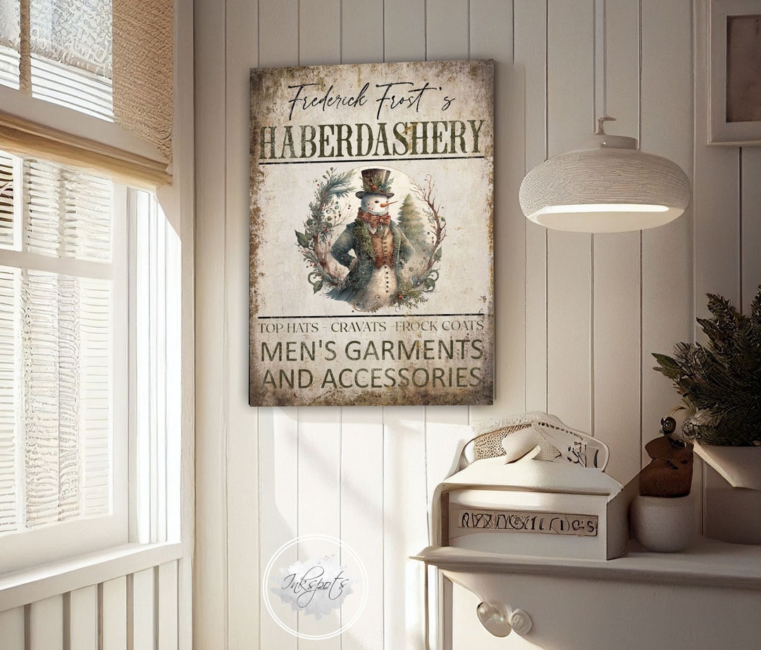 Haberdashery Sign, Old Christmas Advertisement, Snowman Christmas Sign ...
