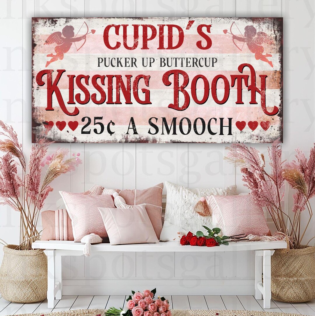 Kissing Booth Valentines Day Decor Valentine Sign Cherub Cupid Heart ...