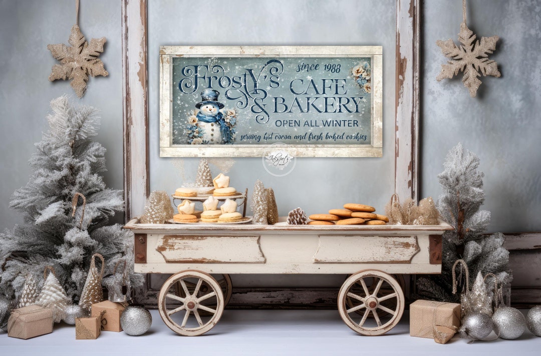 Frosty’s Café and Bakery Christmas Sign, Vintage Inspired Snowman Wall ...