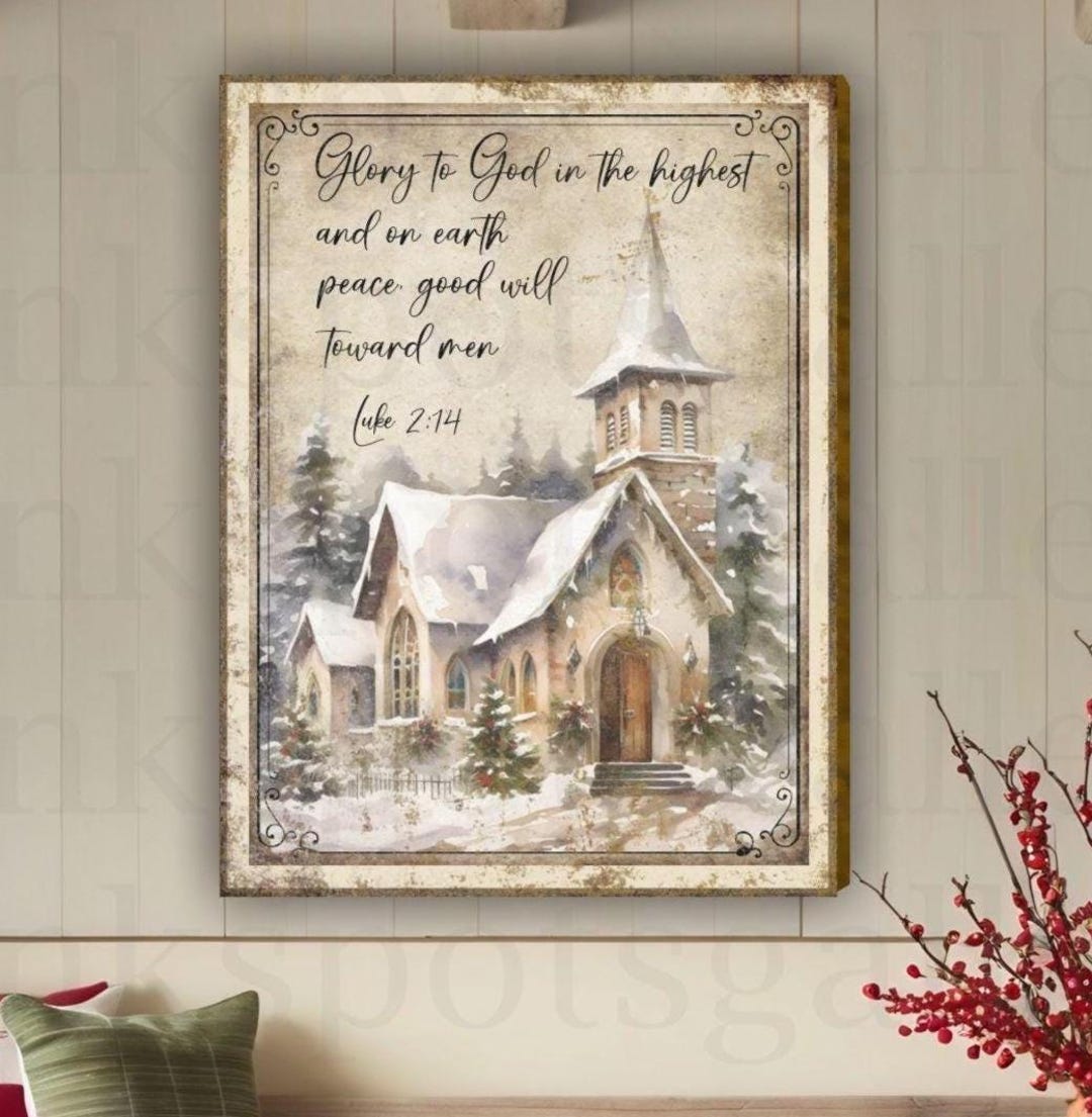 Vintage Christmas Church Canvas – Luke 2:14 Scripture Art Holiday ...