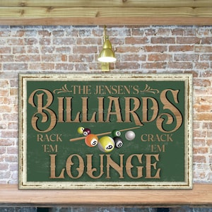 Billiards Sign, Personalized Lounge Pool Hall Game Room Canvas Sign ...