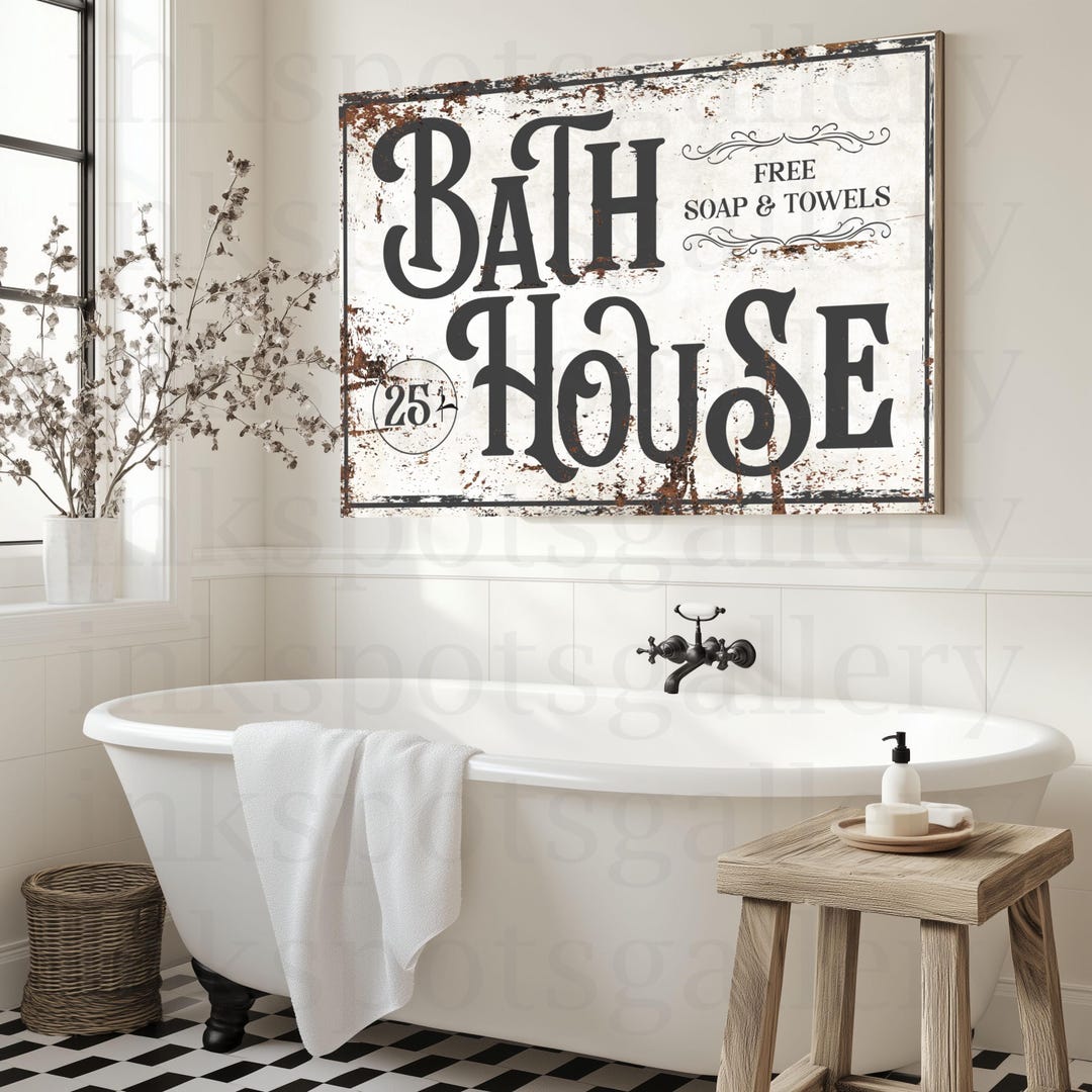 Vintage Bath House Canvas Sign: Rustic Farmhouse Bathroom Art - Etsy