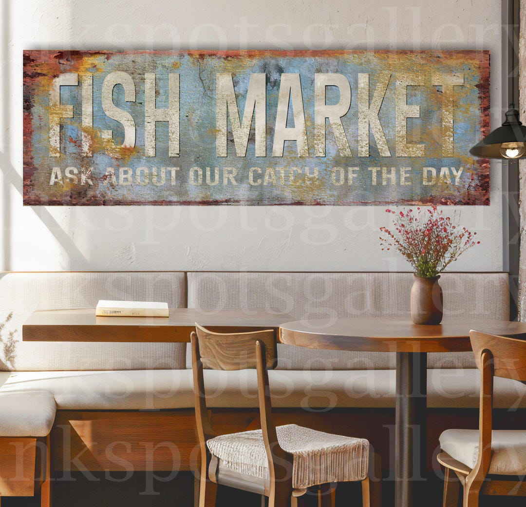 Fish Market Sign Seafood Restaurant Decor Fresh Fish Wall Art Vintage ...