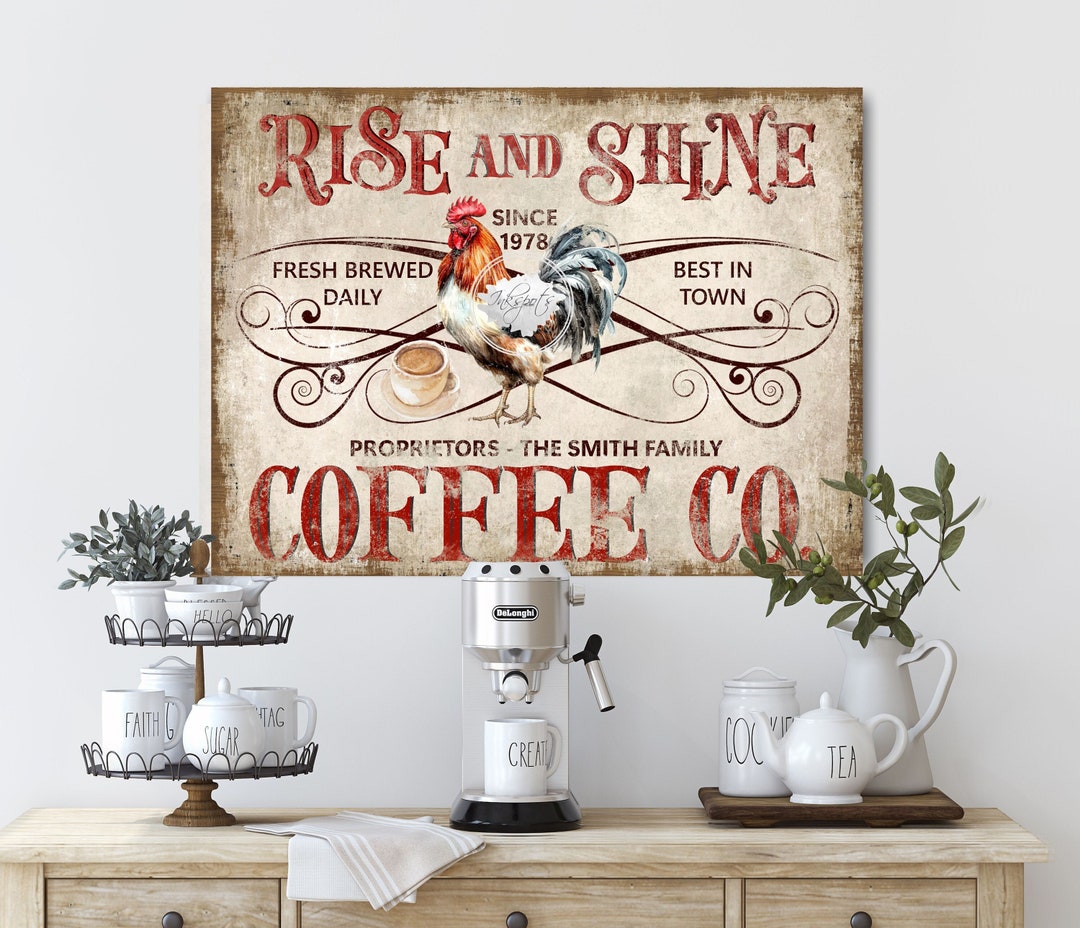 Vintage Inspired Coffee Bar Sign Kitchen Wall Art Rooster Kitchen Decor ...