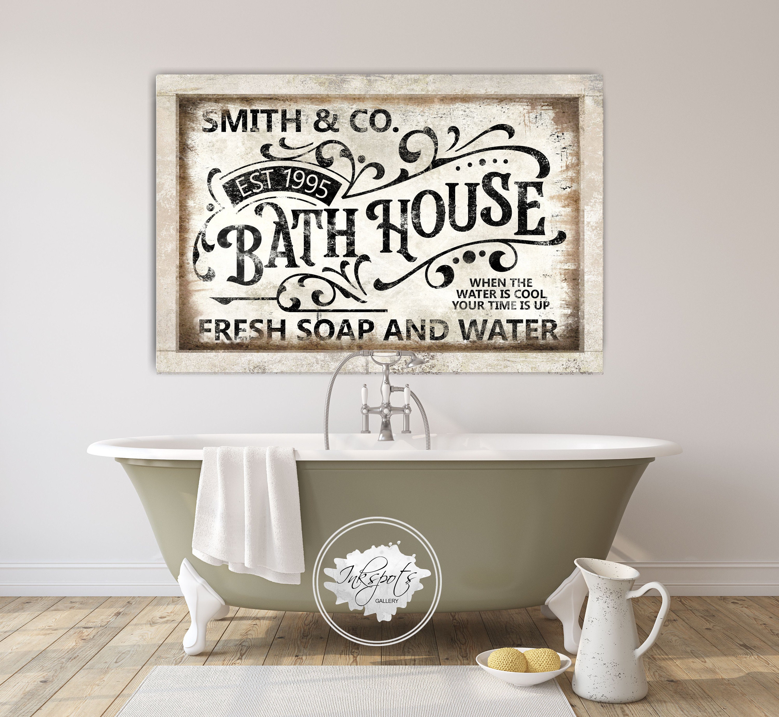 Modern Farmhouse Bath House Sign, Personalized Rustic Bathroom Decor ...