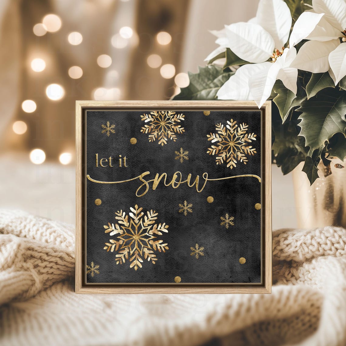 Let It Snow Framed Canvas Wall Art Print Christmas Snowflake Sign ...